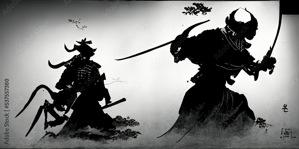 Japanese samurai illustration in japanese ink art, samurai fighting ...