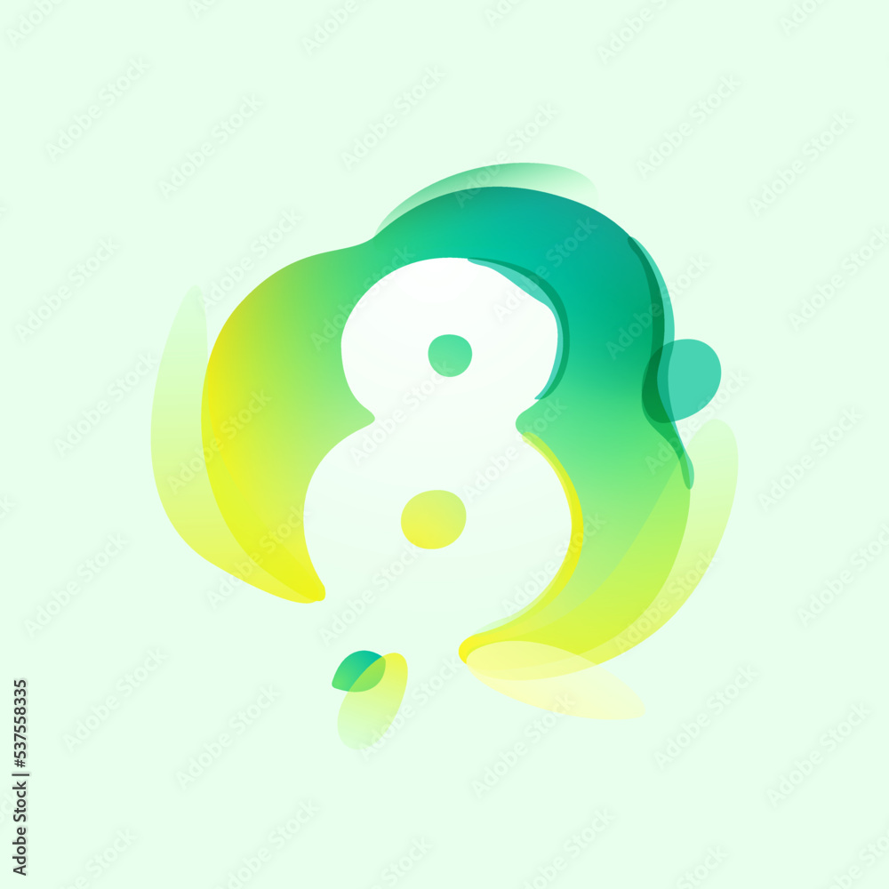 Number eight logo in eco gradient splash blot with green leaf. Negative ...