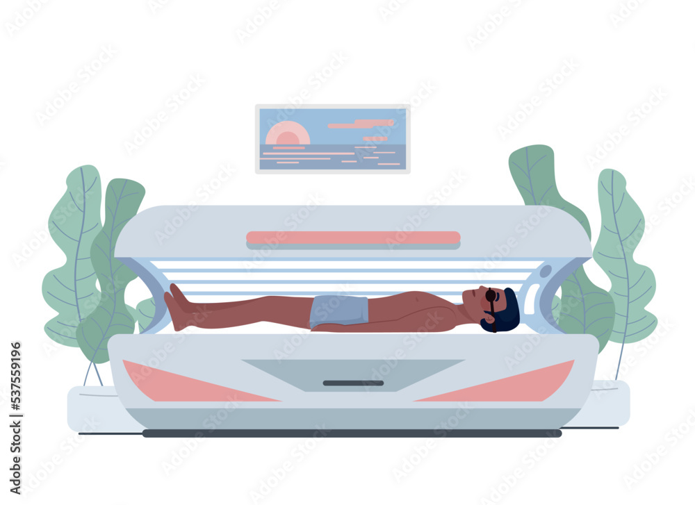 Indoor tanning 2D vector isolated illustration. Beauty procedure flat ...