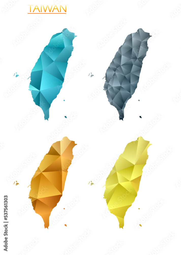 Set of vector polygonal maps of Taiwan. Bright gradient map of country ...