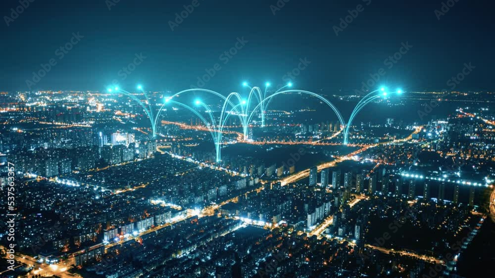 smart Connected city skyline. Futuristic network concept, city ...