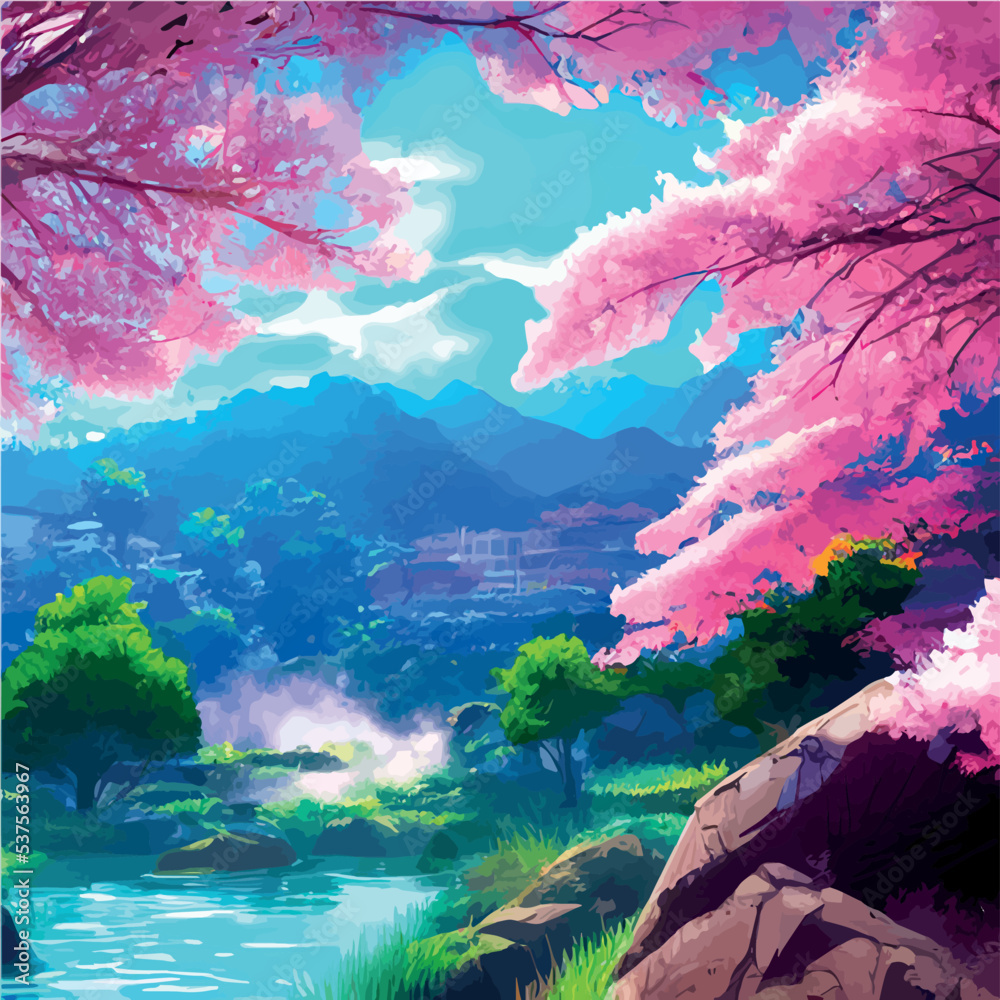 vector illustration. artistic picture Japan volcanic mountains. Asian ...