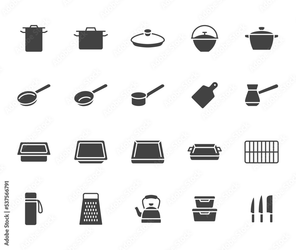 Cookware flat icon set. Kitchen equipment - cooker pan pot, frying ...