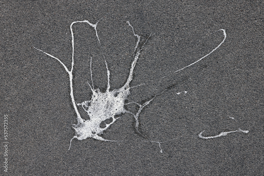 Artistic abstract dark bird poop on the grey concrete of street ...