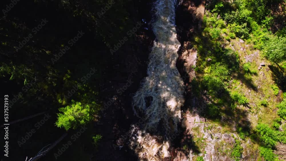 Top down flyover view. Above raging mountain river, rocks and rapids ...