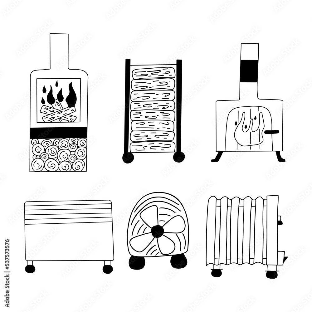 Set of heating appliances. Oil heaters, fan and potbelly stoves for ...