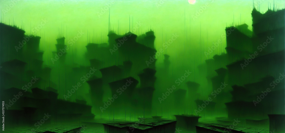 Surreal futuristic World with bizarre buildings in a misty environment ...