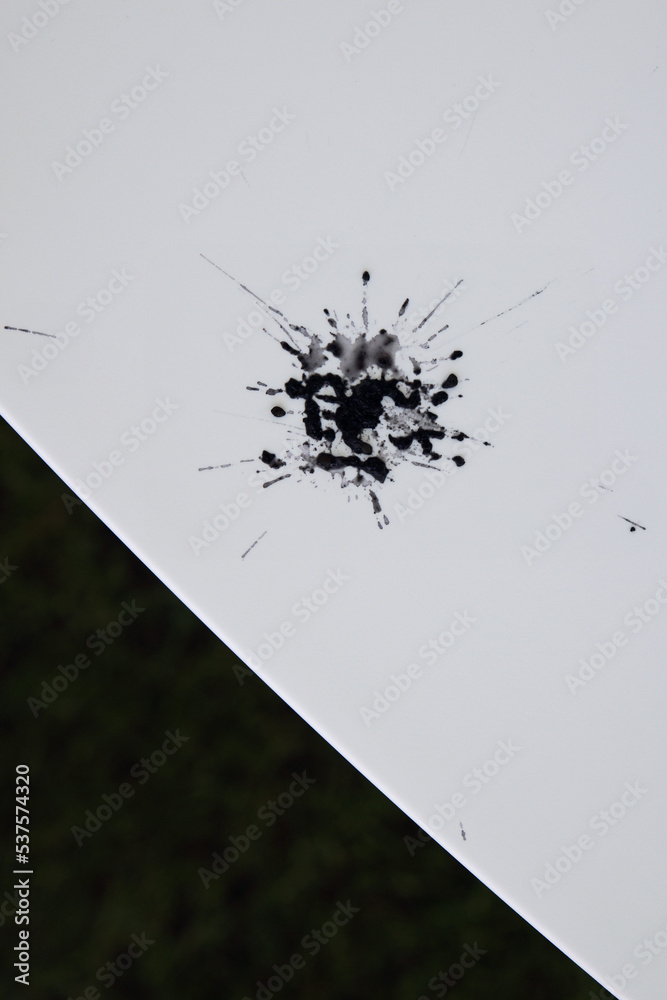 Artistic abstract dark bird poop on the white table. Minimalist ...