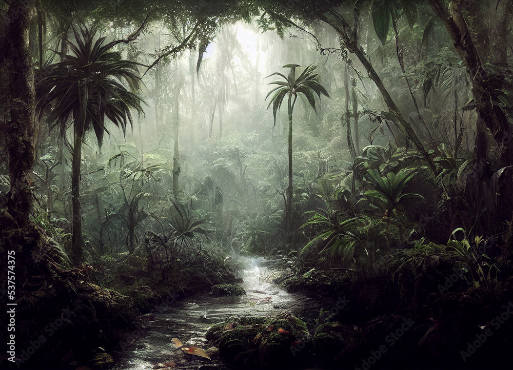 The Landscape of the jungle full of exotic plants and trees, An ...