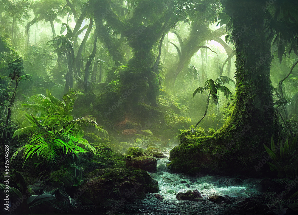 The Landscape of the jungle full of exotic plants and trees, An ...