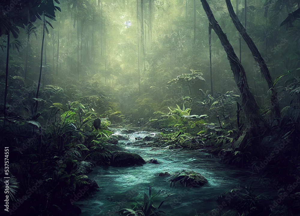 The Landscape of the jungle full of exotic plants and trees, An ...