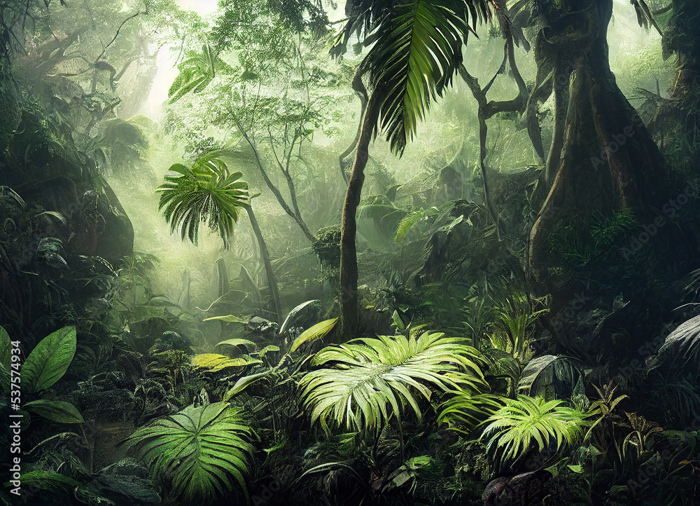 The Landscape of the jungle full of exotic plants and trees, An ...