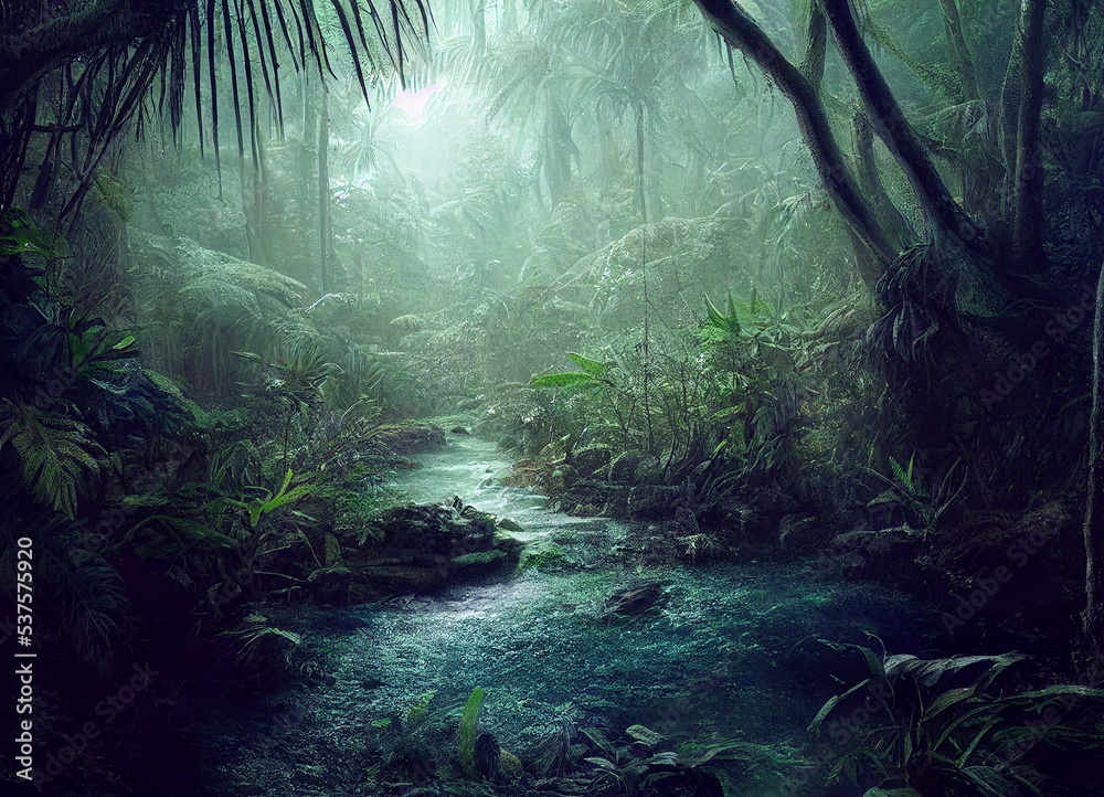 The Landscape of the jungle full of exotic plants and trees, An ...