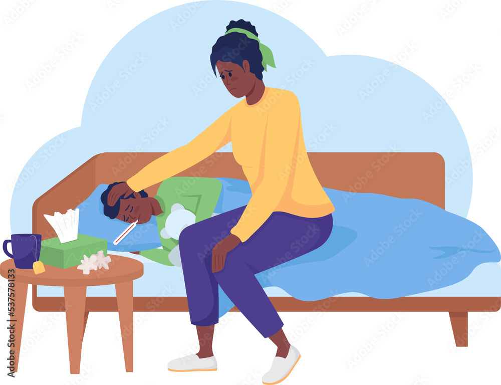 Child laying with disease 2D raster isolated illustration. Mother ...