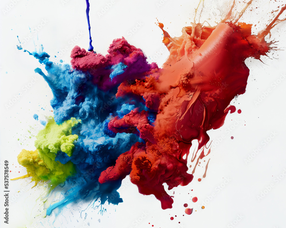 Colorful paint splatter, splash and clouds on simple white background ...