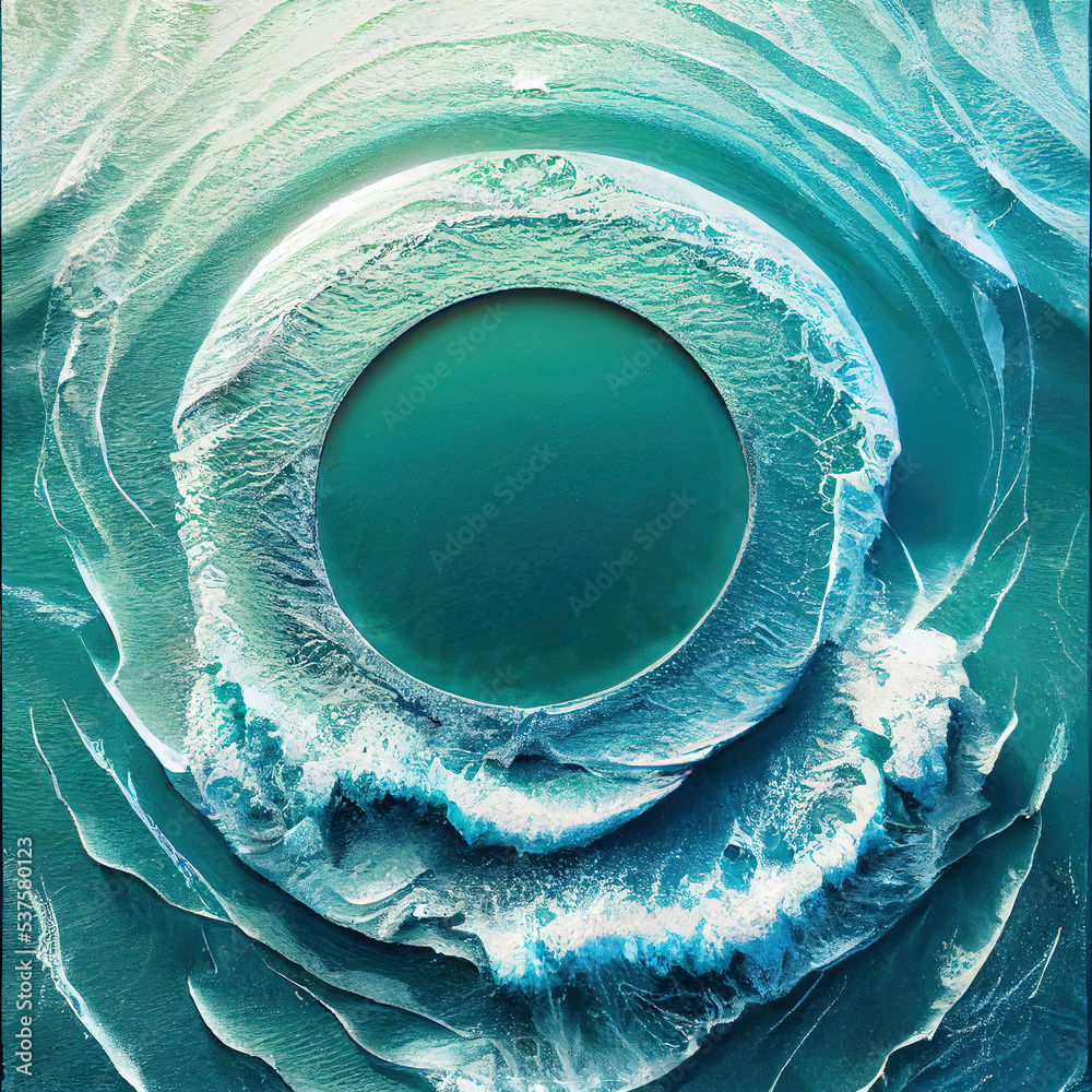 Blue Ocean waves swirling whirl into circular round water shape , mixed ...