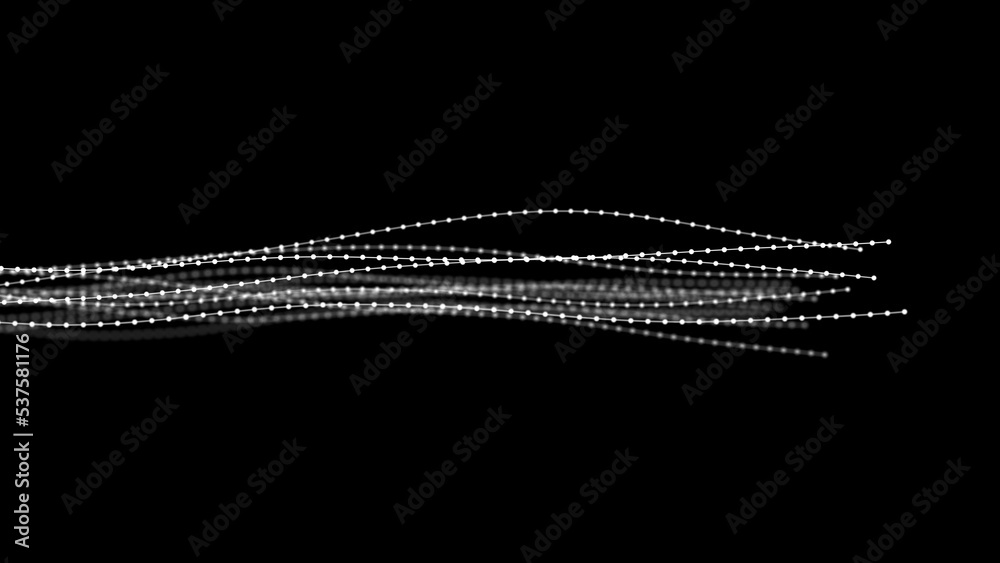 Digital wave with dots and lines on the dark background. The futuristic ...
