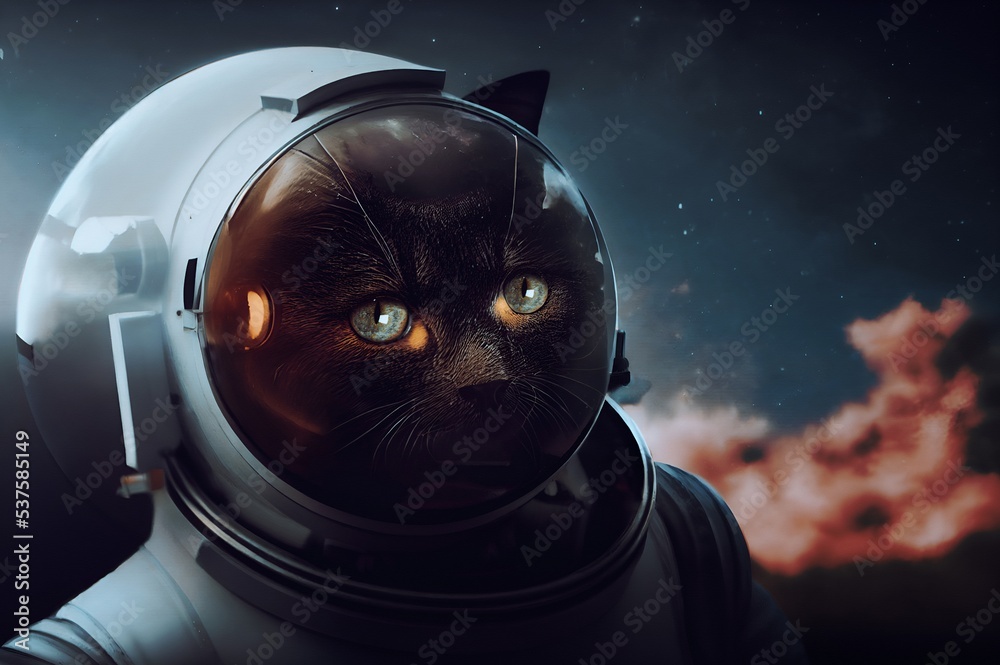 Sad Astronaut cat lost in a space. Wearing space suit and takes a ...