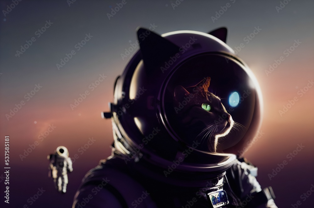 Two Astronaut cats lost in a space. Wearing space suit and takes a ...