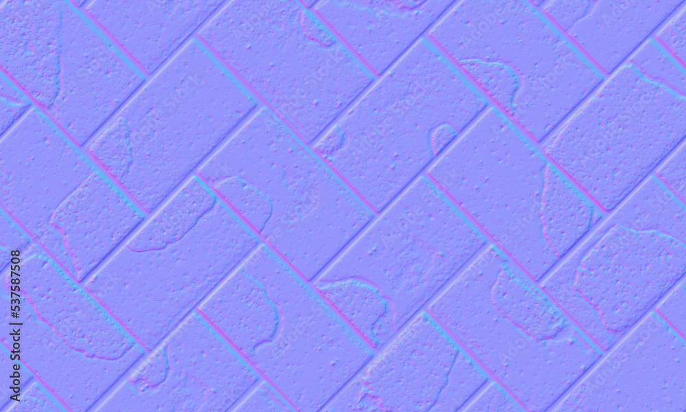 Normal map of herringbone pavement with textured cracked old bricks ...