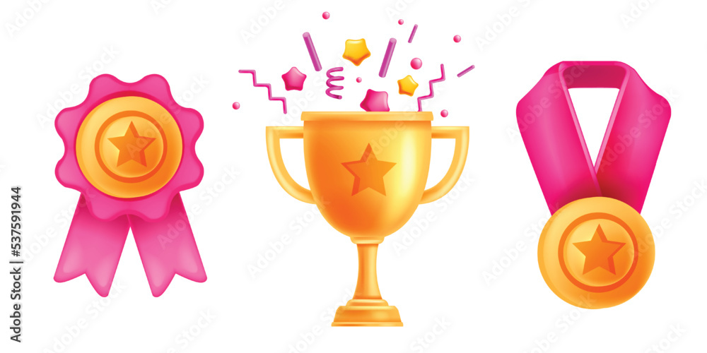 3D ranking icon set, vector game UI medal, golden cup, festive goblet ...