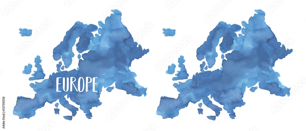 Watercolour illustration of Europe Continent Map: blank template and ...