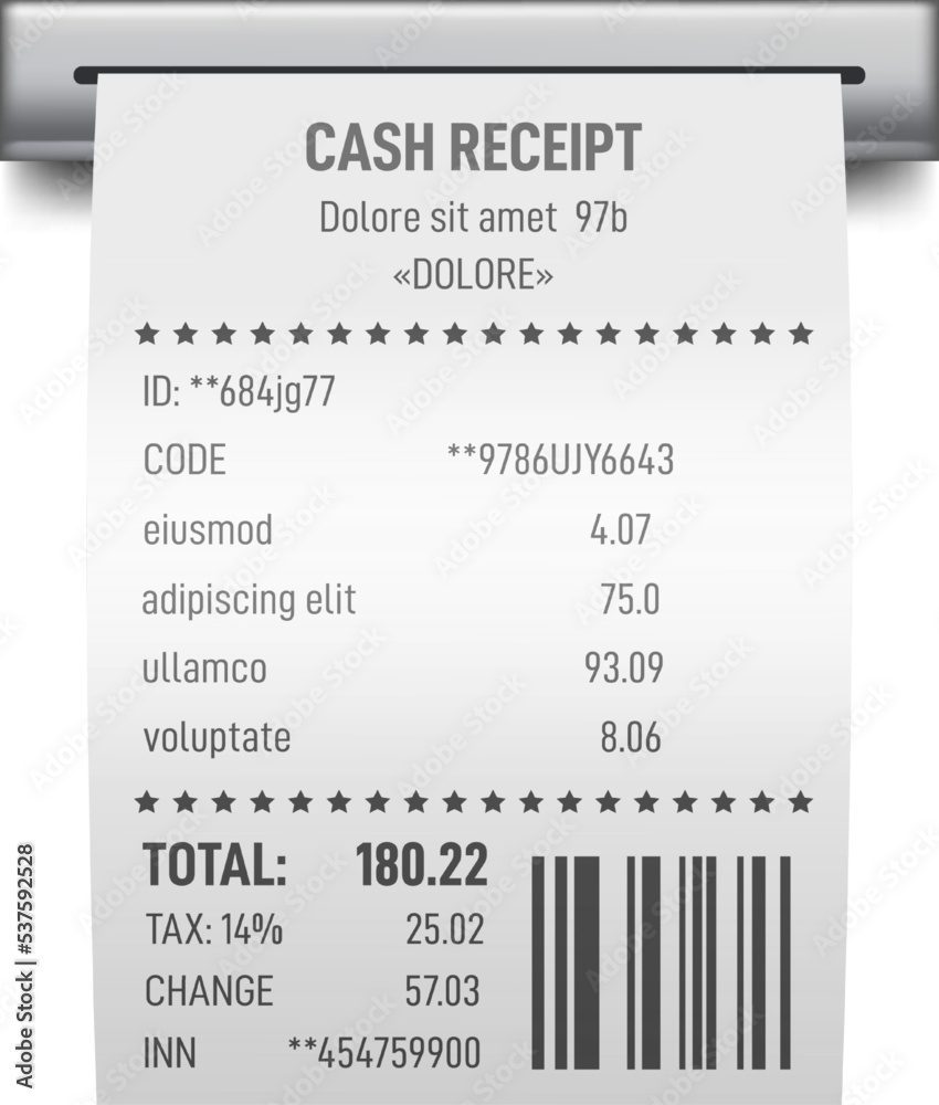 Cash receipt mockup. Realistic paper check bill Stock Vector | Adobe Stock
