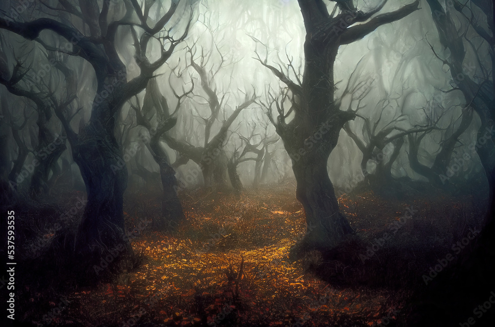 Dark fairy tale forest, twisted trees with bare branches, dark creepy ...