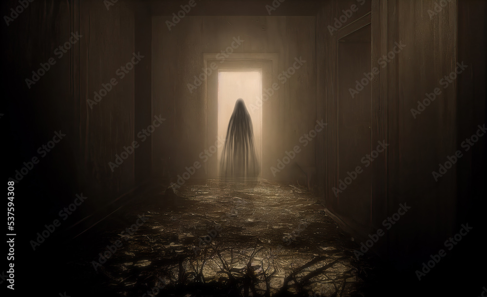 Abandoned room interior, rubble on floor, dark spooky ghost silhouette ...