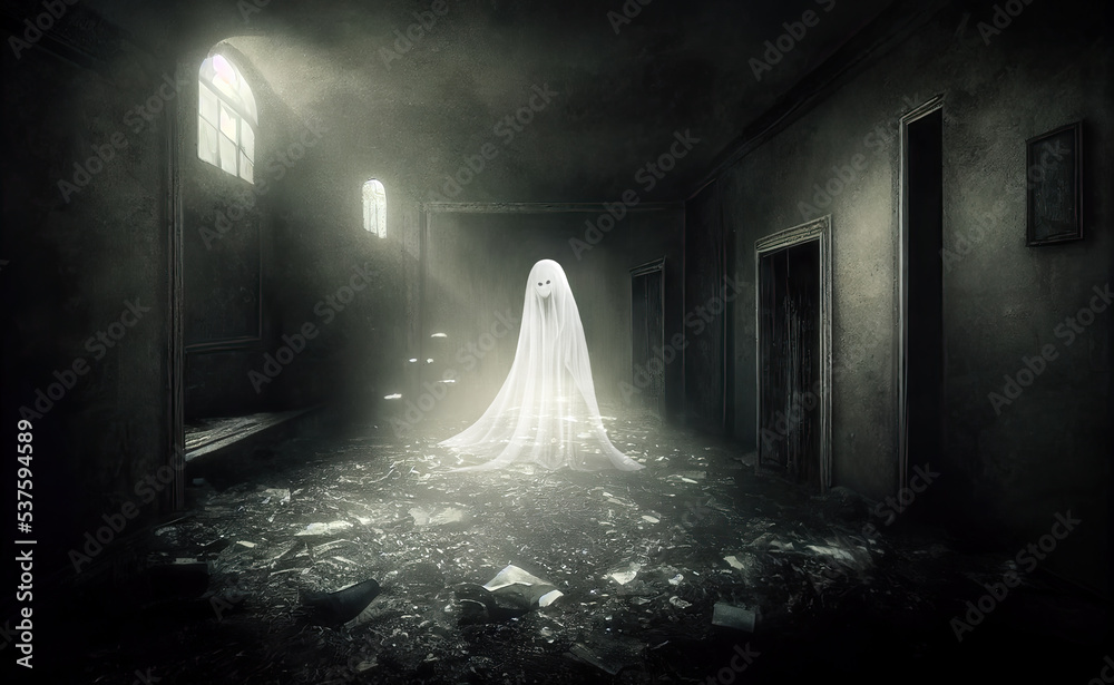 White ghostly woman figure with scary face in abandoned house, dark ...