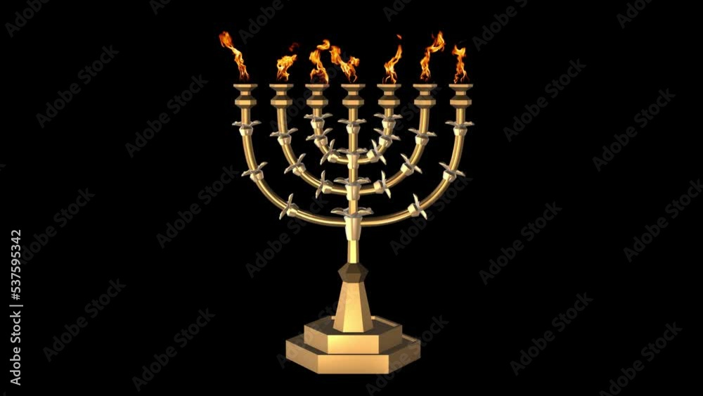 Golden Menorah with Seven Arms Candlestick Almond Blossom Lit with ...