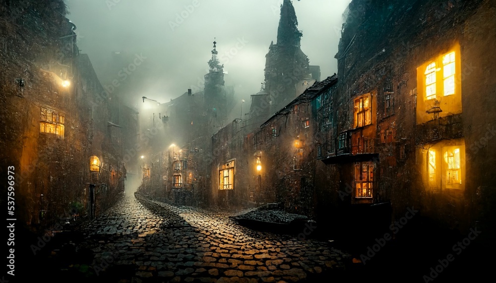 dark and moody narrow foggy street of cobblestone in a whimsical town ...
