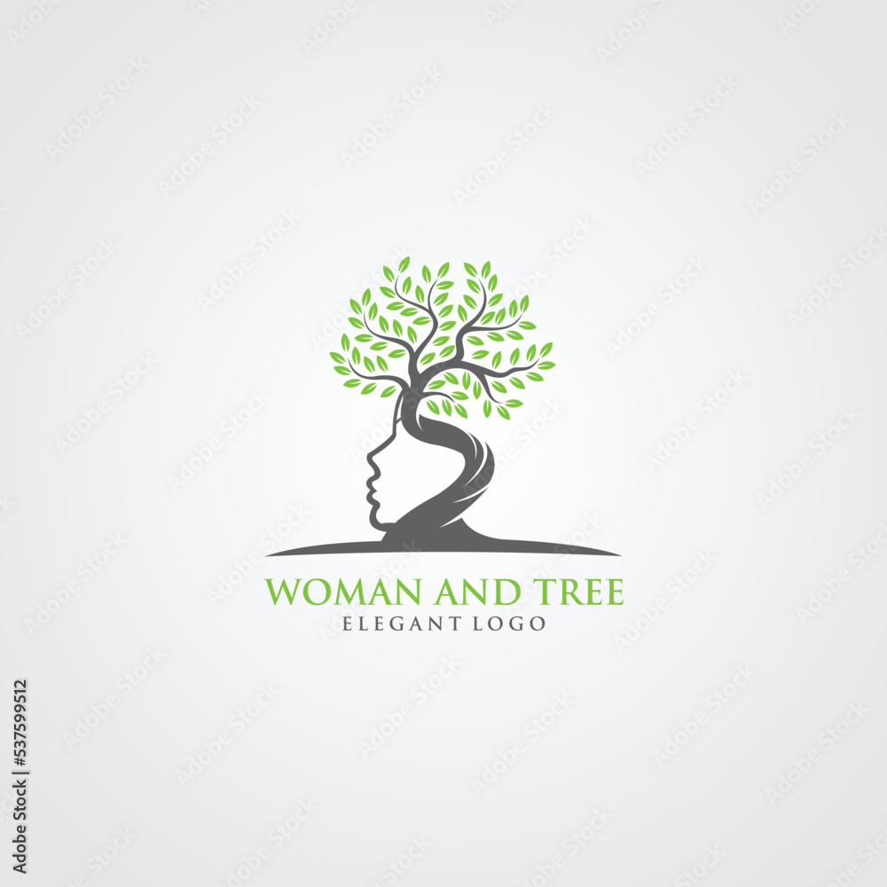 blooming tree with female face, vector, Vector person ecological, think ...