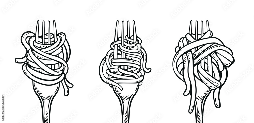 Fork with noodle pasta illustration set. Eating spaghetti using fork ...