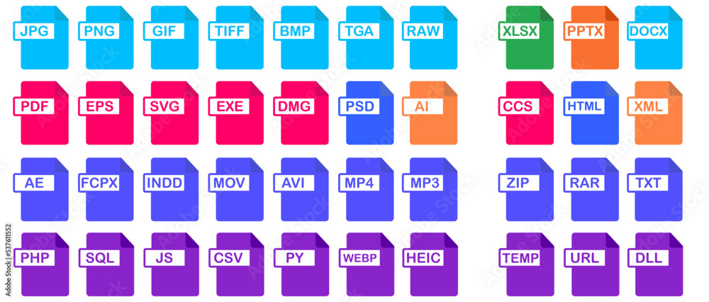 Icon set Document file formats and labels. Vector illustration. JPG ...