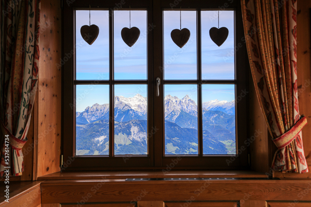 Austrian Alps Lofer Steinberger viewed from a traditional wooden chalet ...