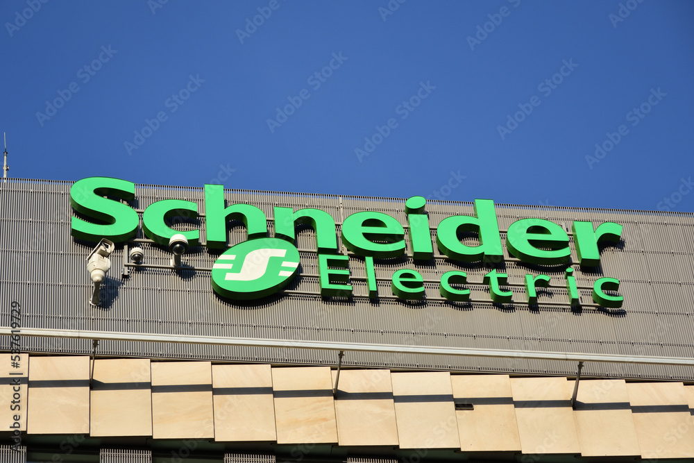 Scheider Electric logo, signage on the facade of Schneider Electric ...