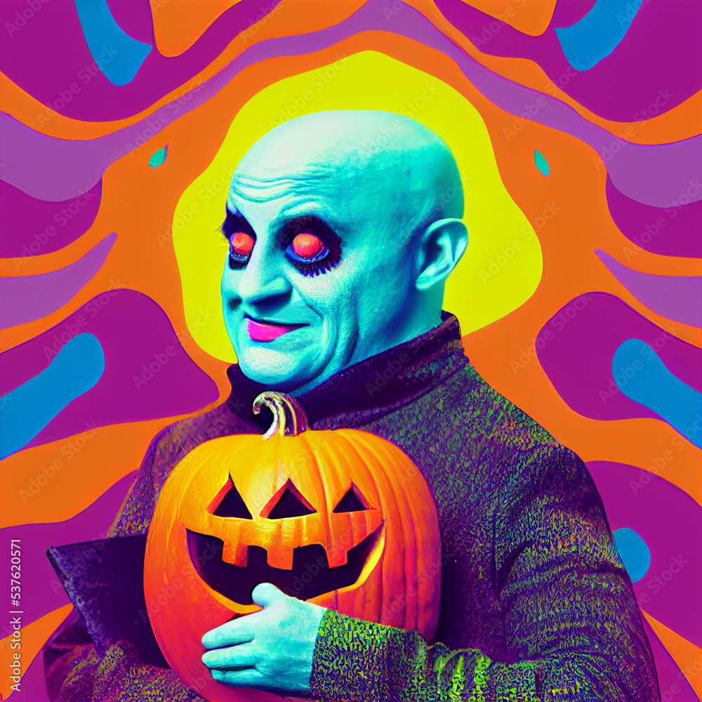 colorful humorous horror illustration of uncle fester addams bright ...