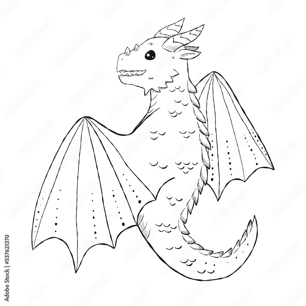 Hand drawn flying dragon on white background. Coloring page for ...