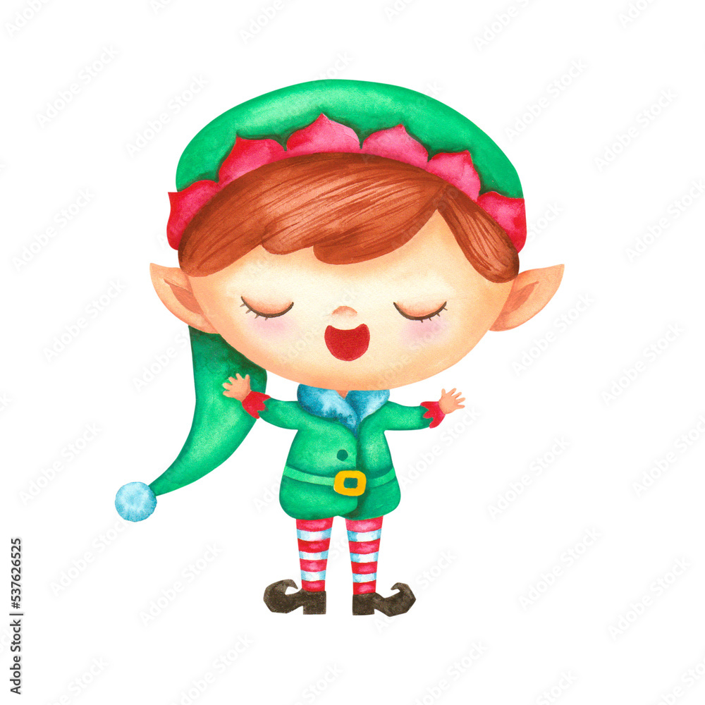 Cute Christmas elf watercolor character. Kawaii elf boy in green ...