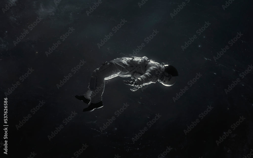 3D illustration of astronaut falling in deep space. 5K realistic ...