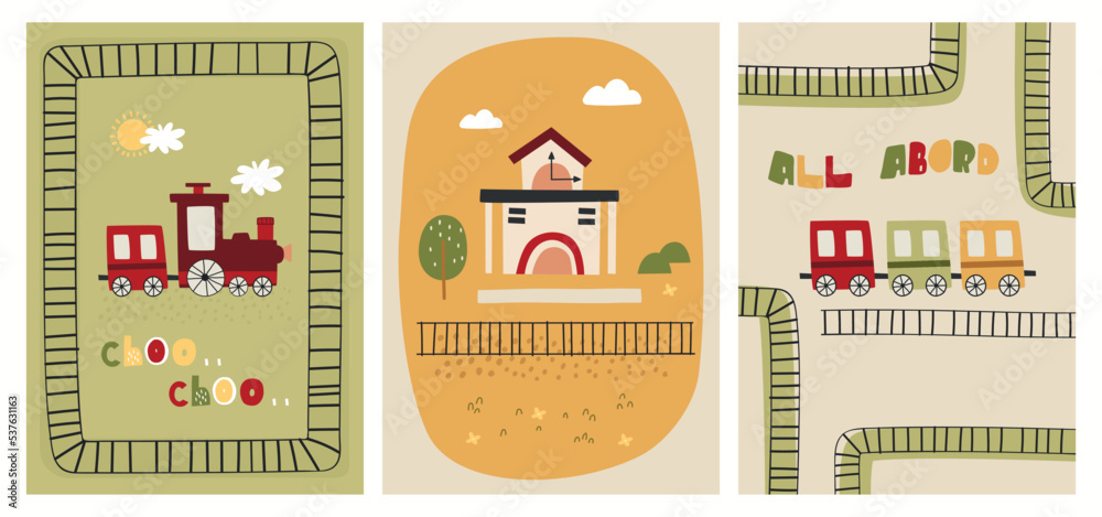 Set of kids posters with train, railway station, railroad and railway ...