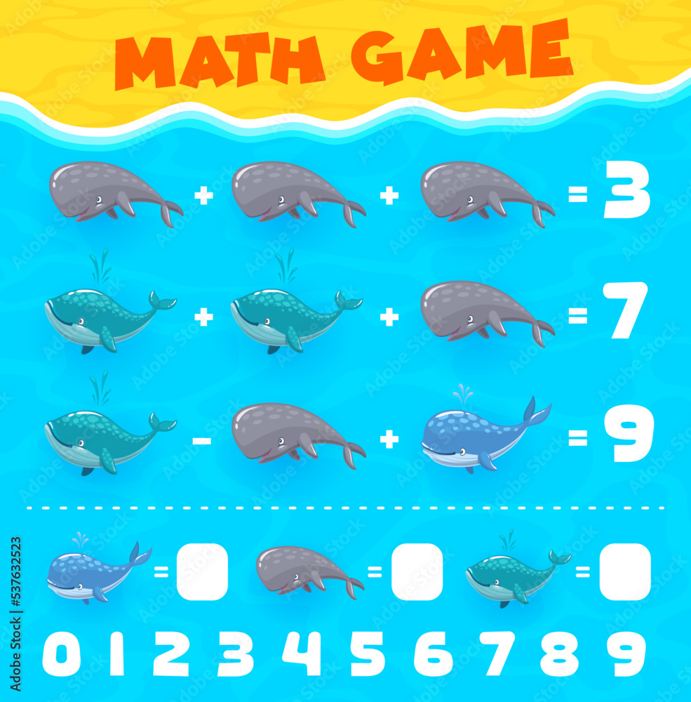 Math game worksheet. Cartoon whale and sperm whale characters. Kids ...