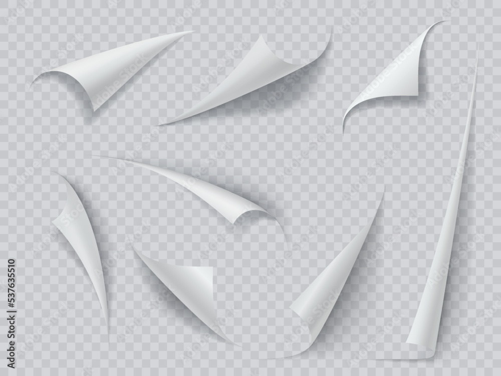 Curly paper page corners. Magazine or book page curly peels, document ...