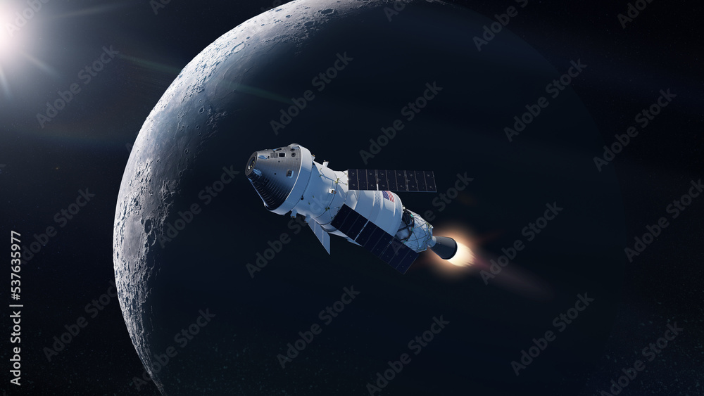 Sci-fi wallpaper. Orion spacecraft flies in outer space on orbit of ...