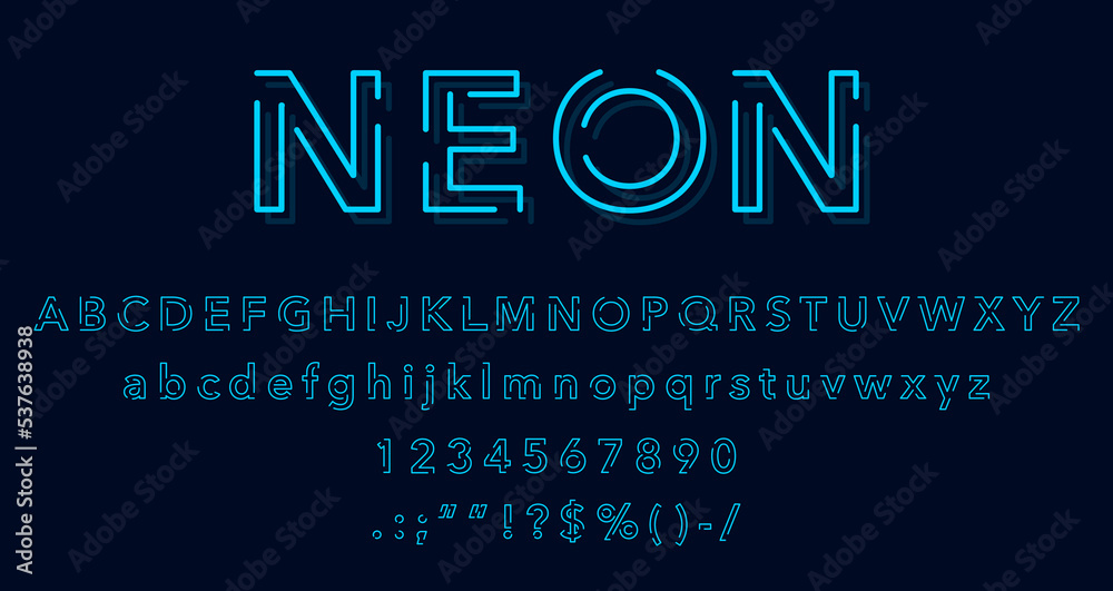 Slim neon font type, typeface letters and signs, vector alphabet text ...