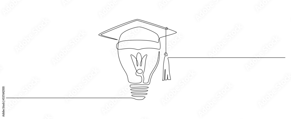 One continuous line drawing of Light Bulb with Graduation Hat ...