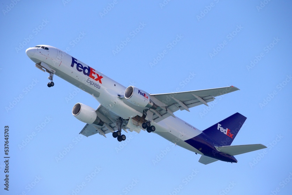 FedEx aircraft in a flight at the annual Pacific Airshow event Stock ...
