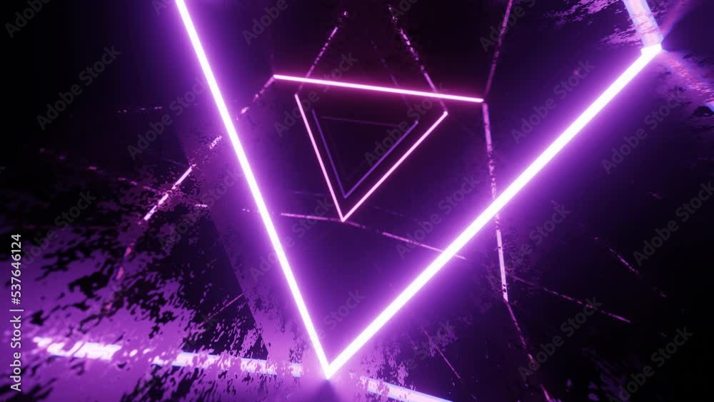 4k seamless looped animation. Fly through mirror tunnel with neon pattern, glow lines form sci ...