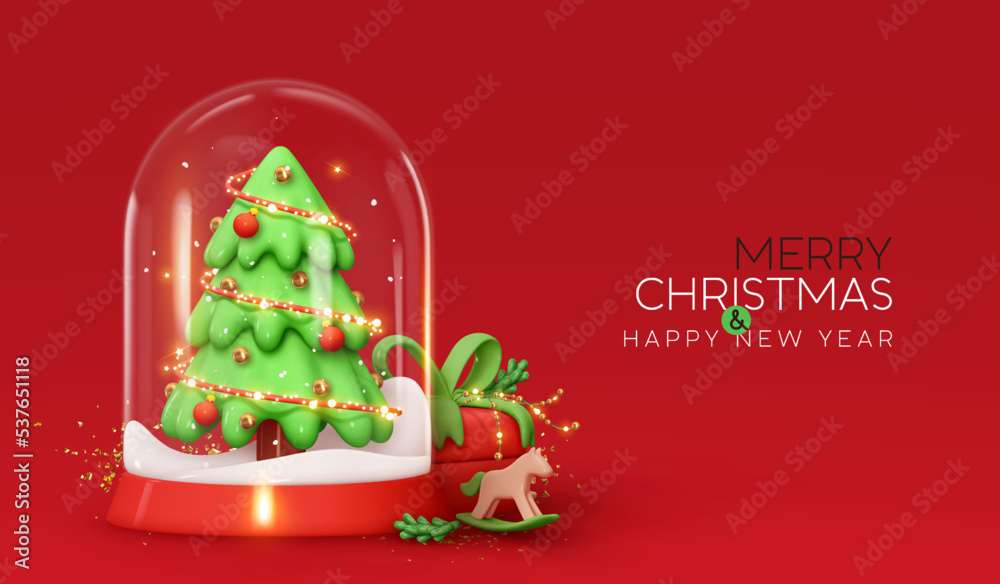 Merry Christmas and Happy New Year. Christmas winter snow glass ball ...
